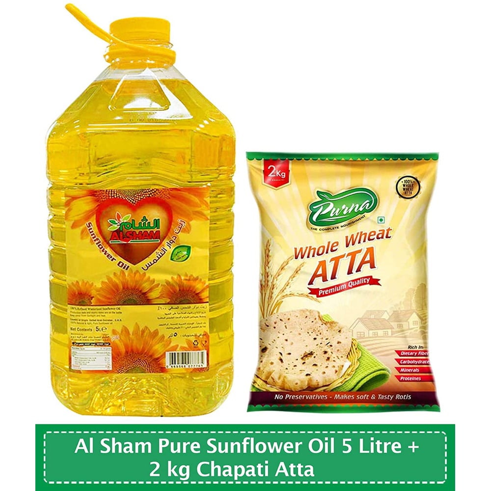 AL Sham Pure Sunflower Oil 5 Liters + 1 KG Purna Chapati Atta2 KG ...