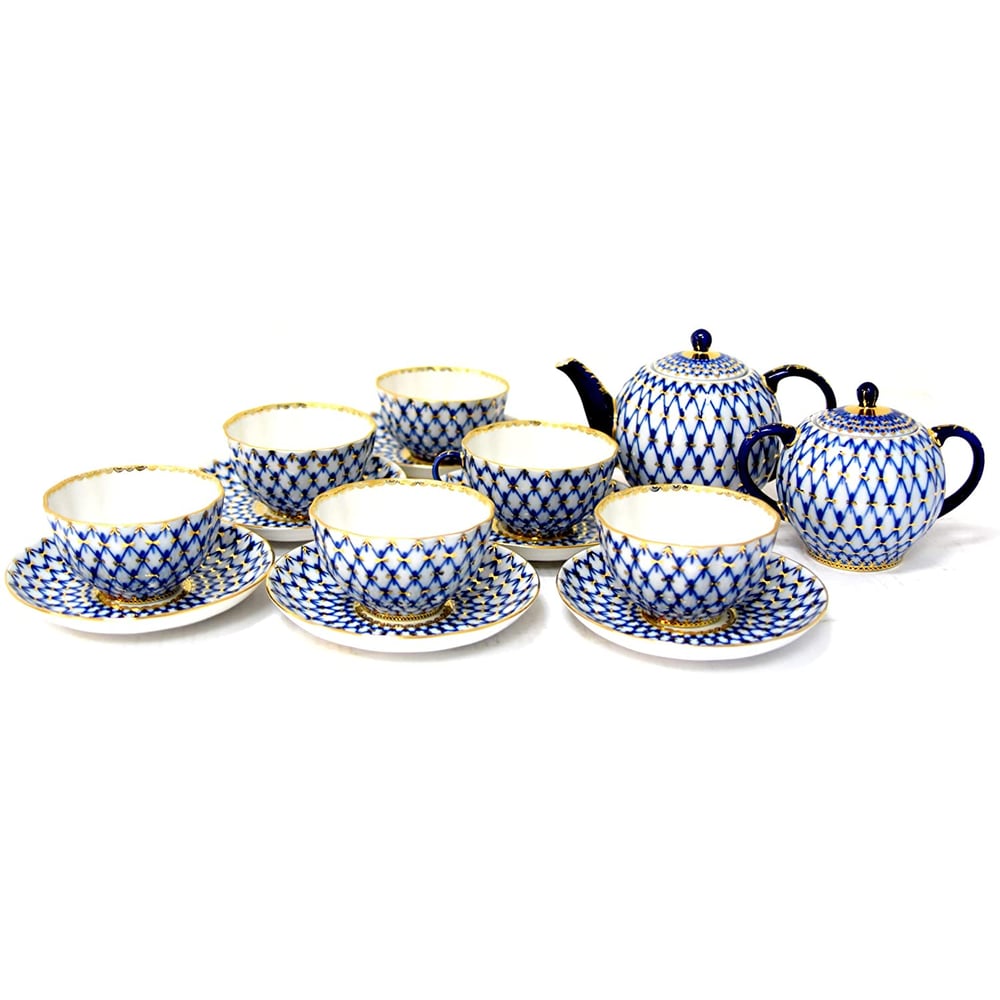 Buy Lomonosov Imperial Porcelain Tea Set 6/14 Tulip Cobalt Net Russian ...