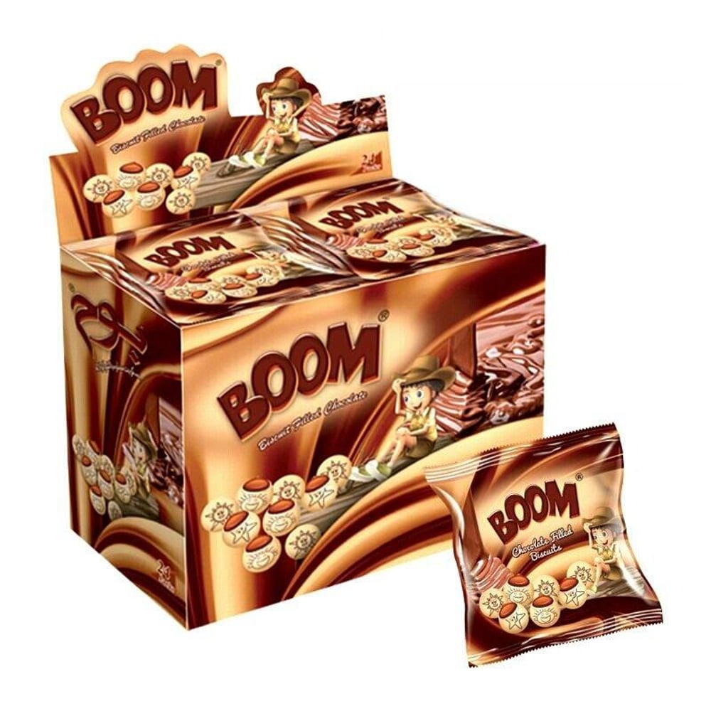 BOOM – chocolate filled biscuits with printed characters in pouch, 18.9 ...