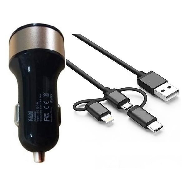 Buy Xcell Car Charger With Micro & Lightning Cable + Type-C Connector ...