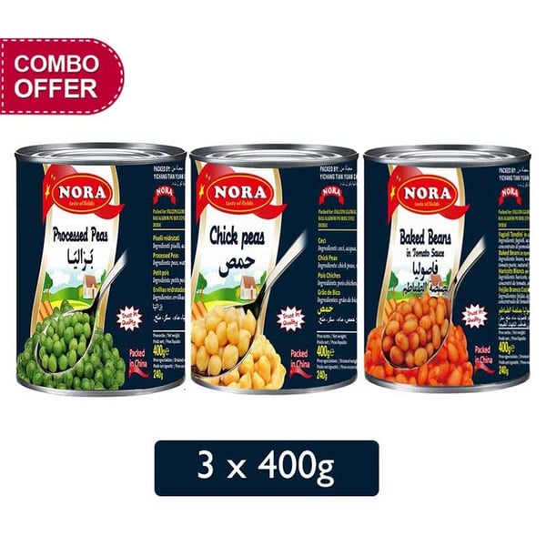 Buy Nora Baked Beans + Chick Peas + Processed Peas 400g Online in UAE | Sharaf DG